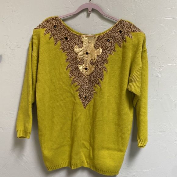 Vintage | Sweaters | Vintage 8s Sweaterwith Leopard Print Gold Gems ...